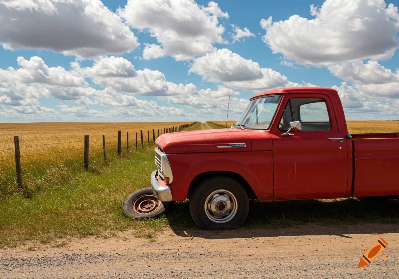 A red Ford pickup truck with a flat tire parked on a dirt road next to a golden field under a ...