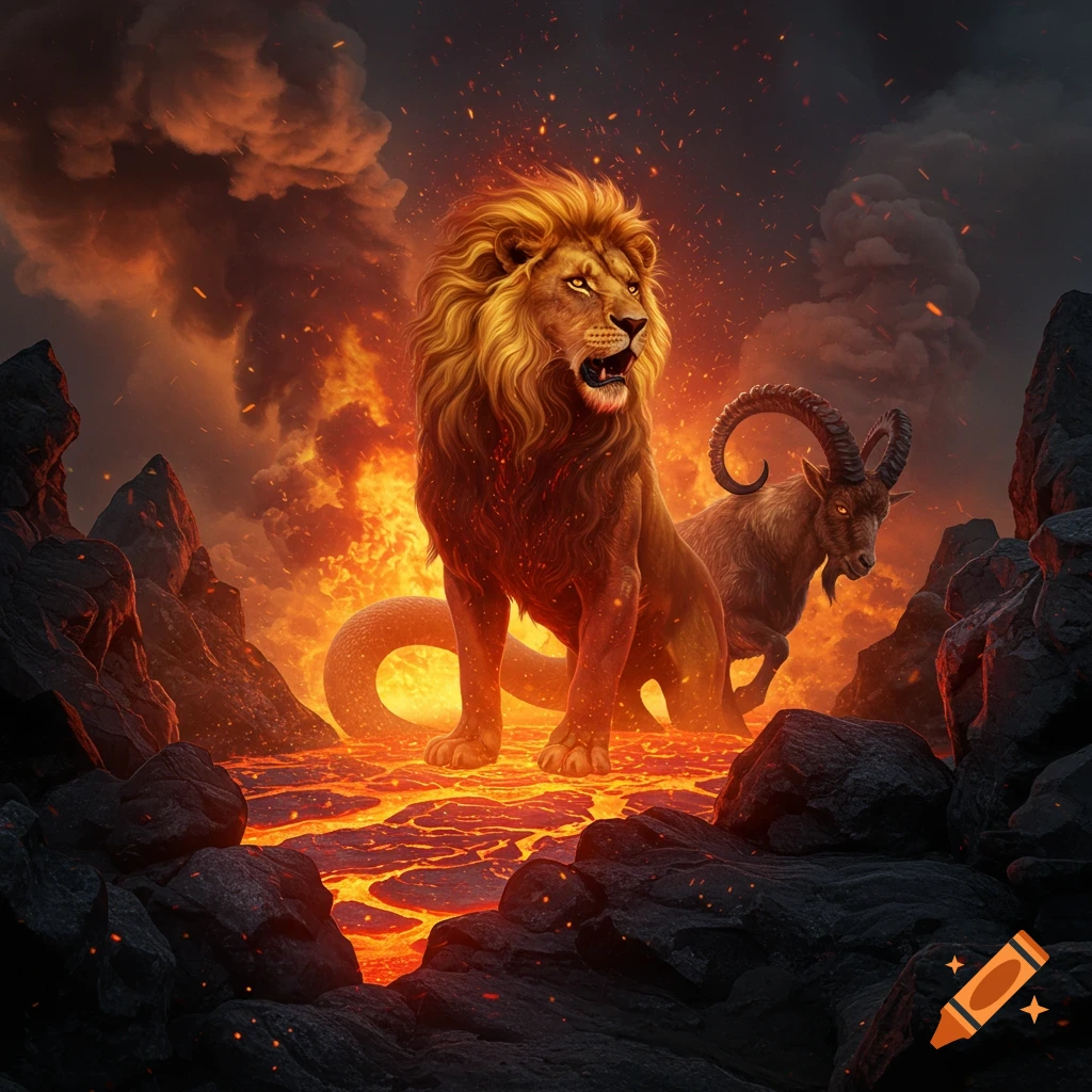 A majestic lion-like creature with a serpentine tail and a horned goat ...