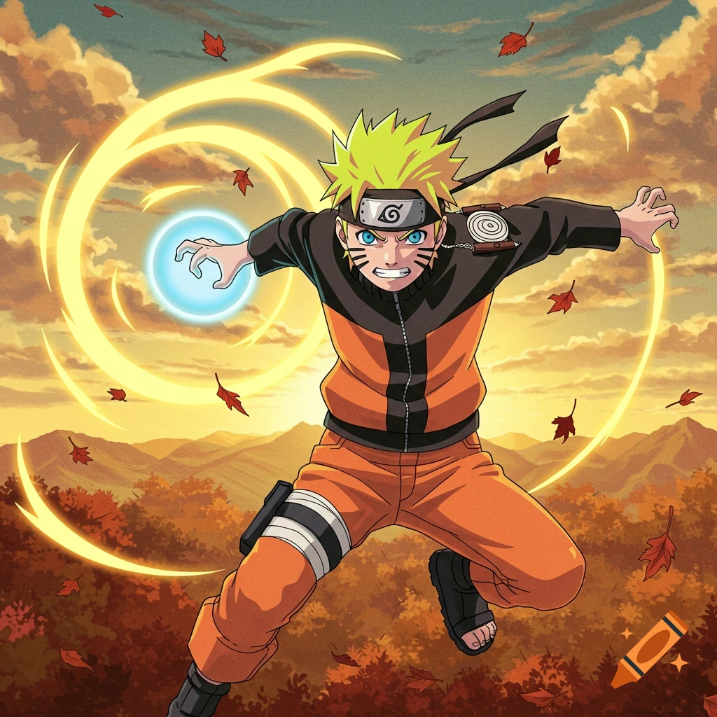 Naruto in anime style, jumping through the air with both legs up ...