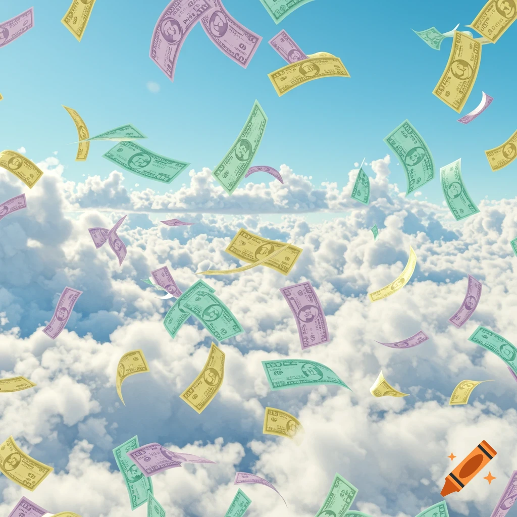 Colorful stylized money bills, pink, green, and yellow, fall through a ...