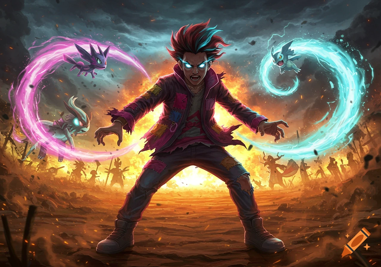 An intense anime trainer with spiky hair and glowing eyes on a fiery ...