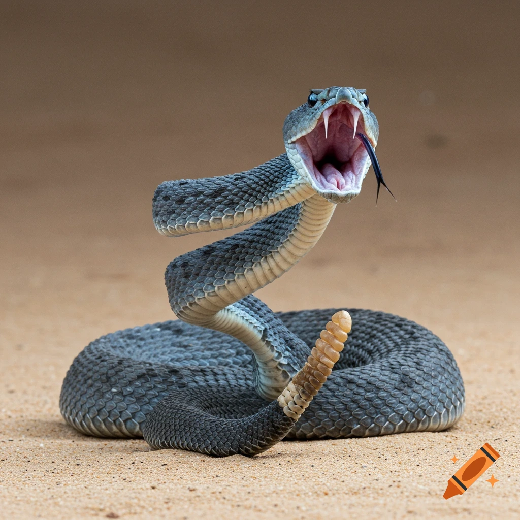 A blue rattlesnake with its mouth wide open, fangs bared, and tongue ...