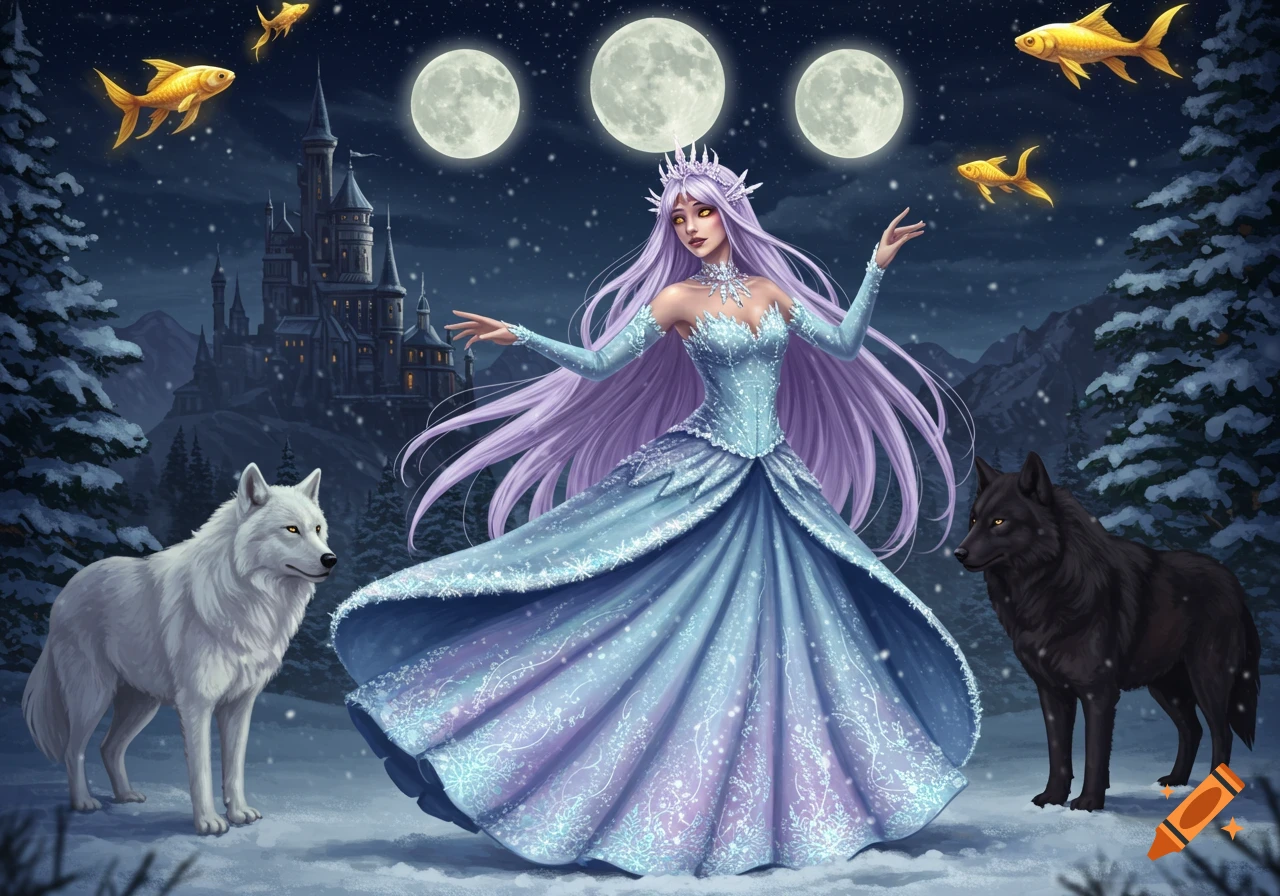 A fantasy queen with long purple hair in a blue winter dress, flanked ...