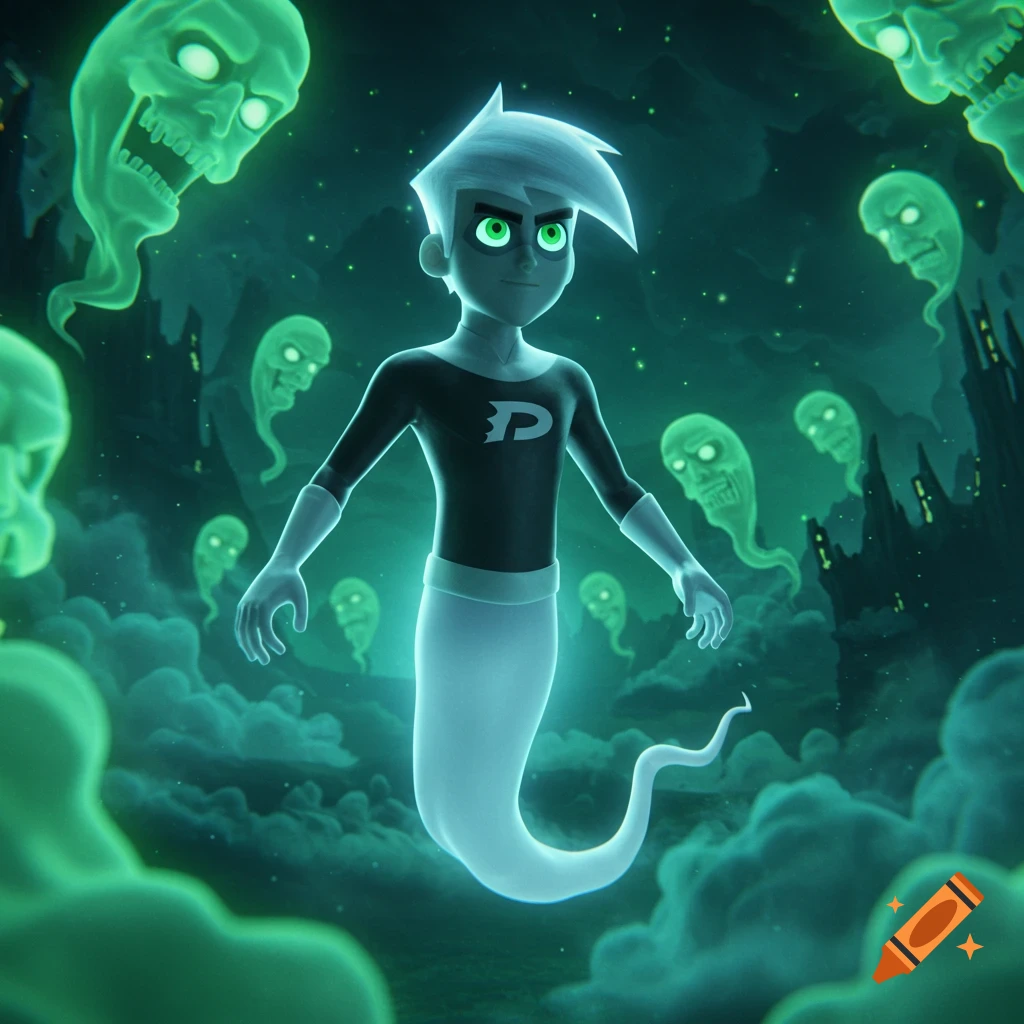 Danny Phantom, a half-ghost teen hero, floats amid glowing green ghosts ...