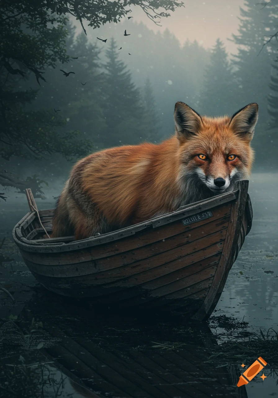 A red fox with bright orange eyes sits in a small wooden boat on dark ...