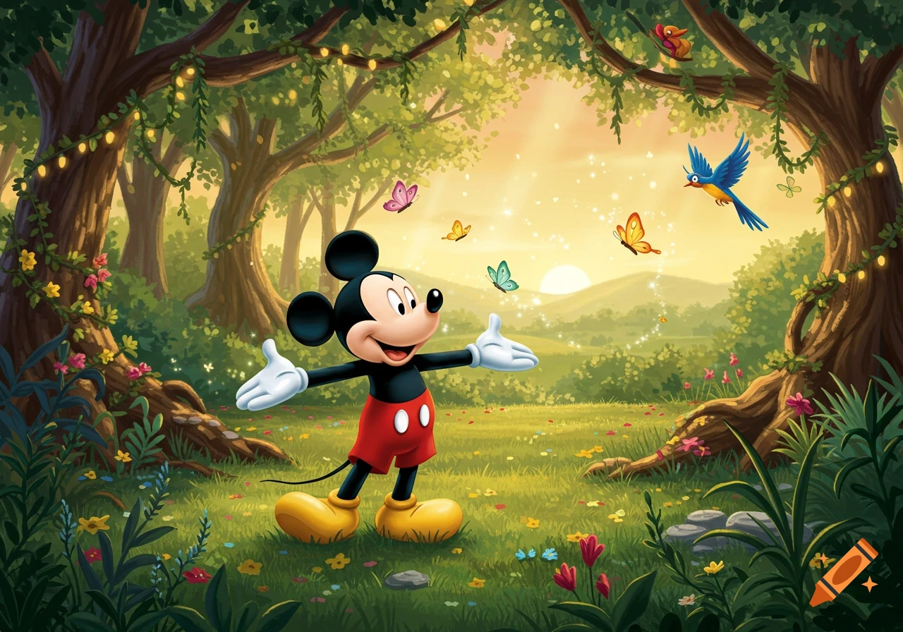 Mickey Mouse stands happily in a vibrant, sunlit fantasy forest ...