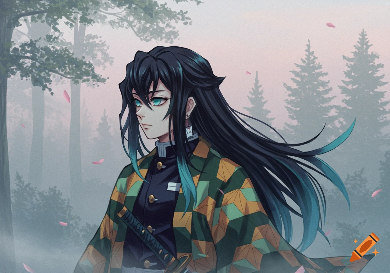 Anime character Muichiro Tokito in a checkered haori with a katana ...