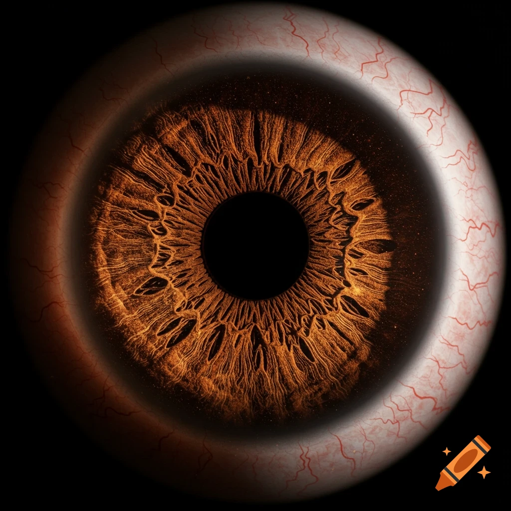 A detailed, photorealistic close-up of a brown human iris and pupil ...
