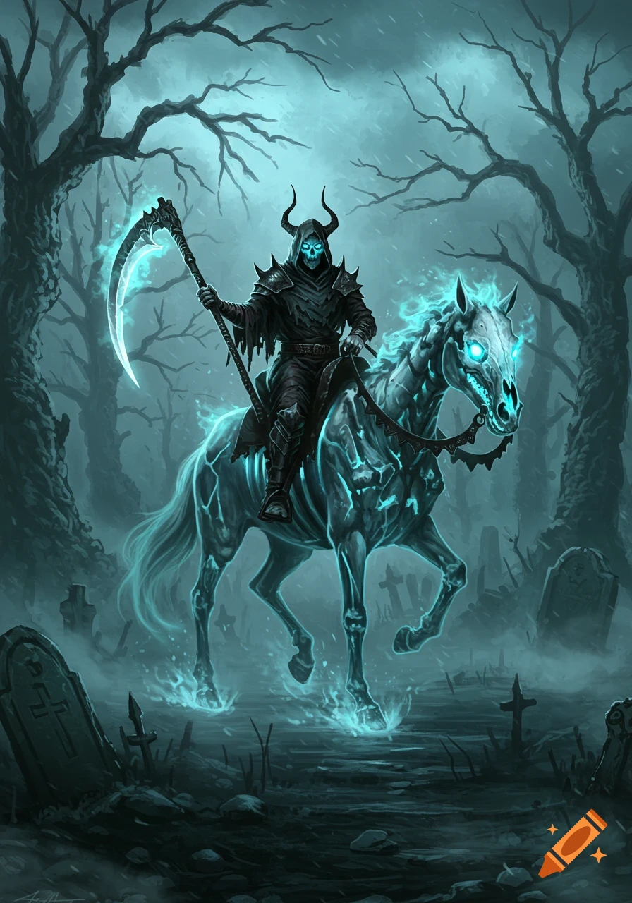 A horned Grim Reaper with glowing blue eyes rides a glowing skeletal ...
