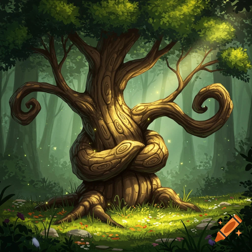 A stylized, gnarled tree with twisted branches in a vibrant, misty ...