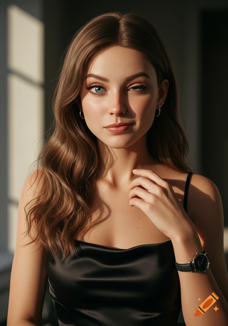 Photorealistic portrait of a woman with long black hair, blue eyes, and ...