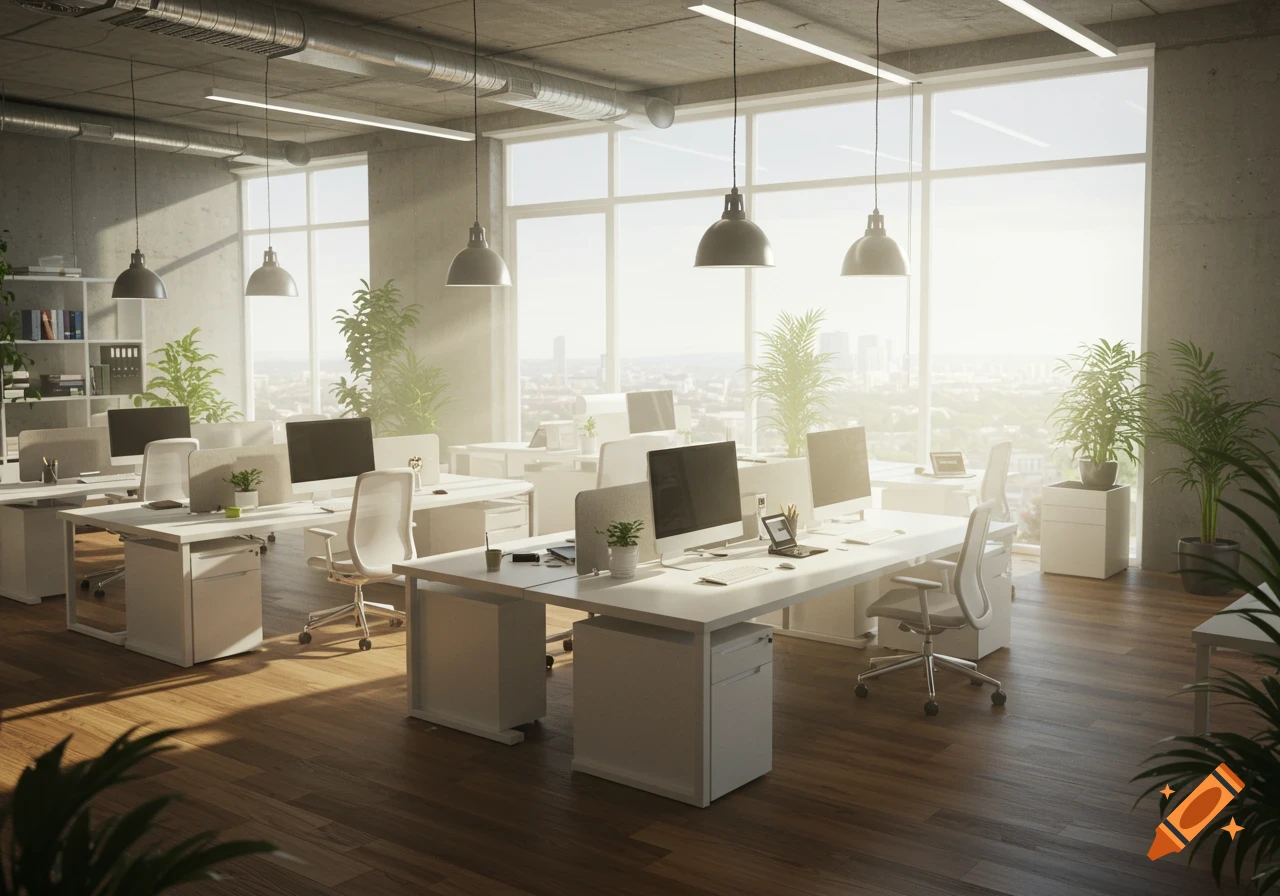 Bright, modern open-plan office with white desks, computers, plants ...