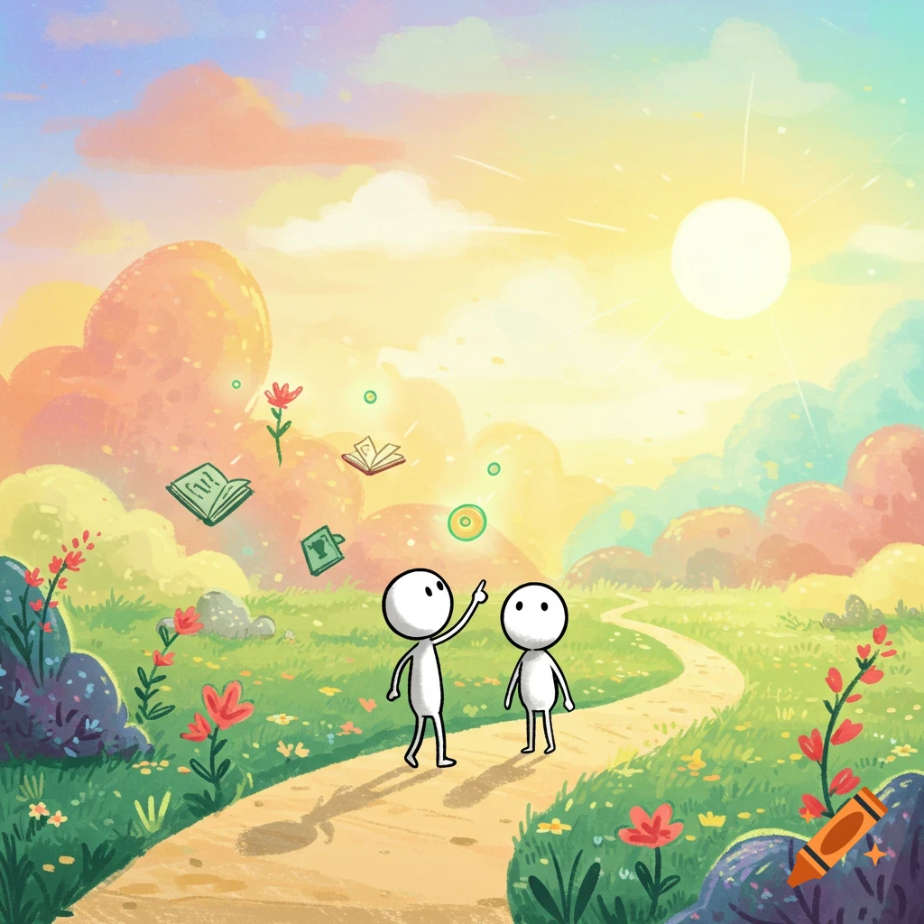 Two stick figures on a winding path in a vibrant, whimsical landscape ...
