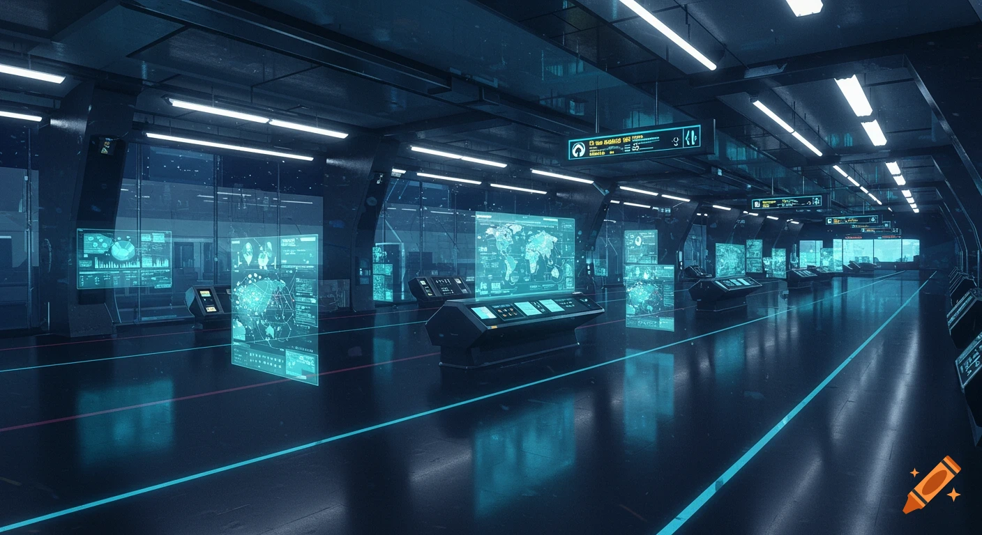 A sleek, futuristic subway station control room with holographic ...