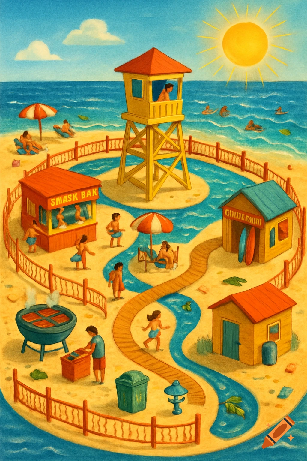 A vibrant, cartoon-style overhead view of a busy beach with a lifeguard ...