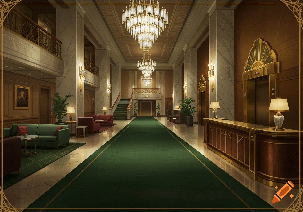 A grand Art Deco hotel lobby with a long green carpet, ornate ...
