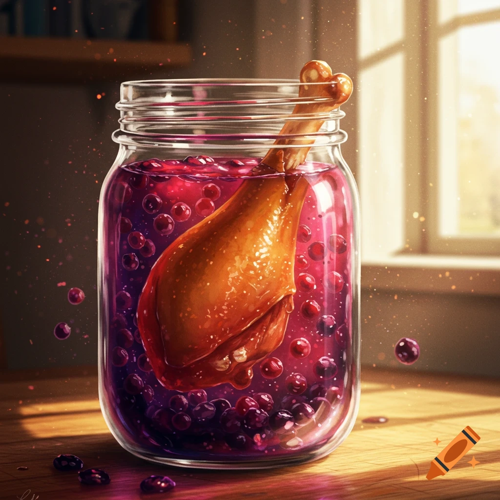 A roasted turkey leg in a glass jar filled with purple liquid and ...