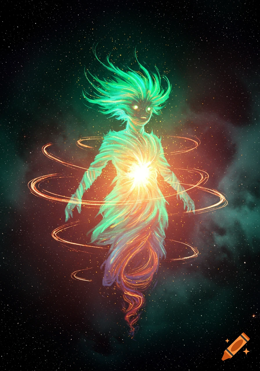 An ethereal, glowing humanoid figure with green hair and a bright chest ...