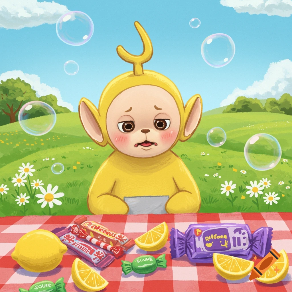 A yellow Teletubby looks sad, sitting at a picnic with lemons and ...