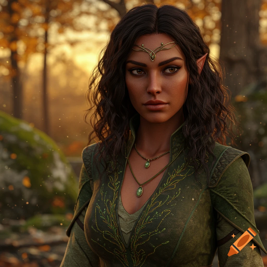 A photorealistic portrait of a young elf woman with dark hair and ...