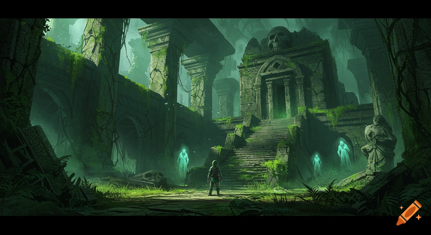 A lone figure stands in a misty, overgrown fantasy mausoleum temple ...