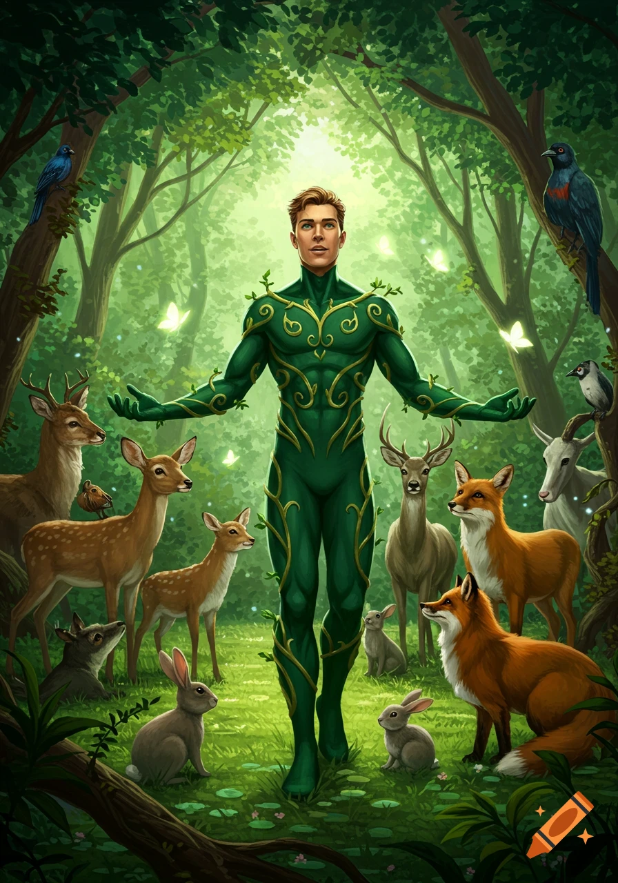 A nature superhero in a green, vine-covered suit stands in a lush ...