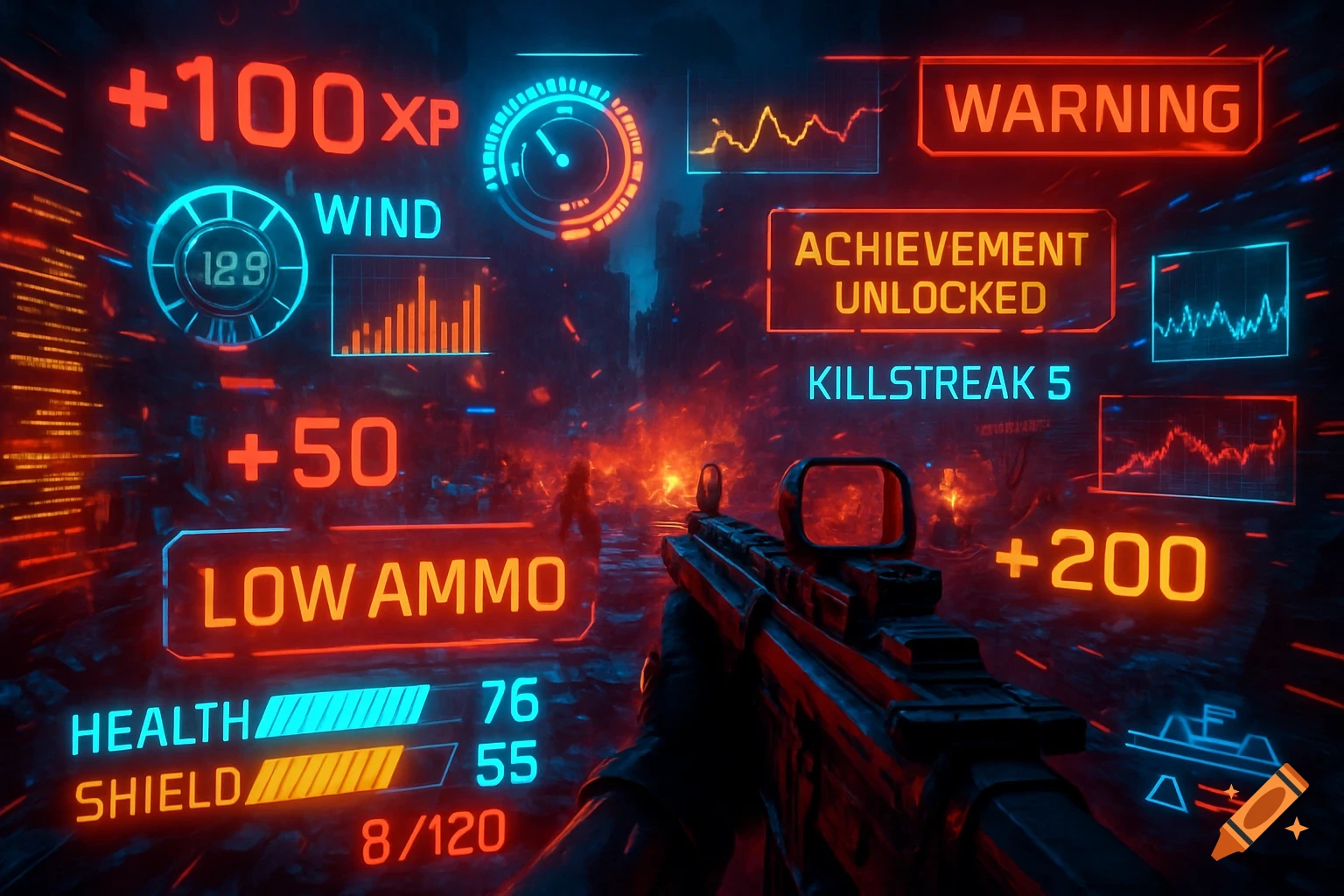First-person view of a futuristic video game with a gun and a glowing ...