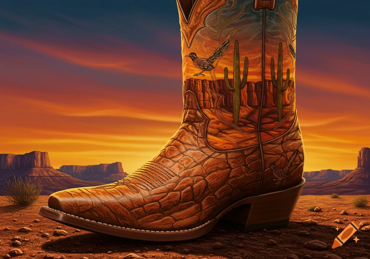 A detailed cowboy boot with a desert scene, roadrunner, and cacti ...