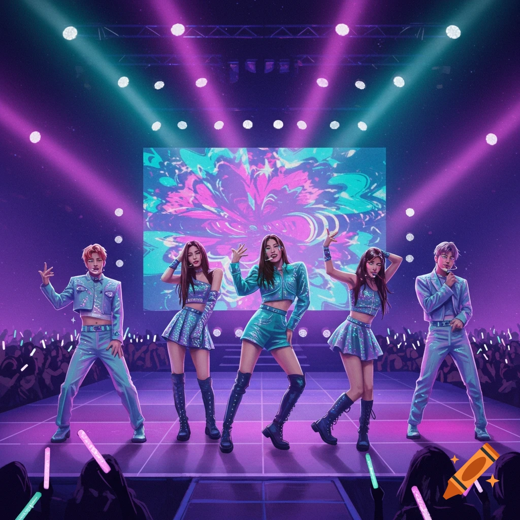 Illustration of five K-pop men performing on a vibrant stage under ...