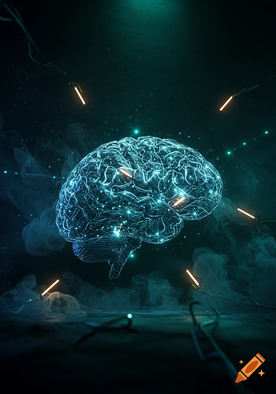 Glowing blue abstract digital brain with intricate connections, wires ...