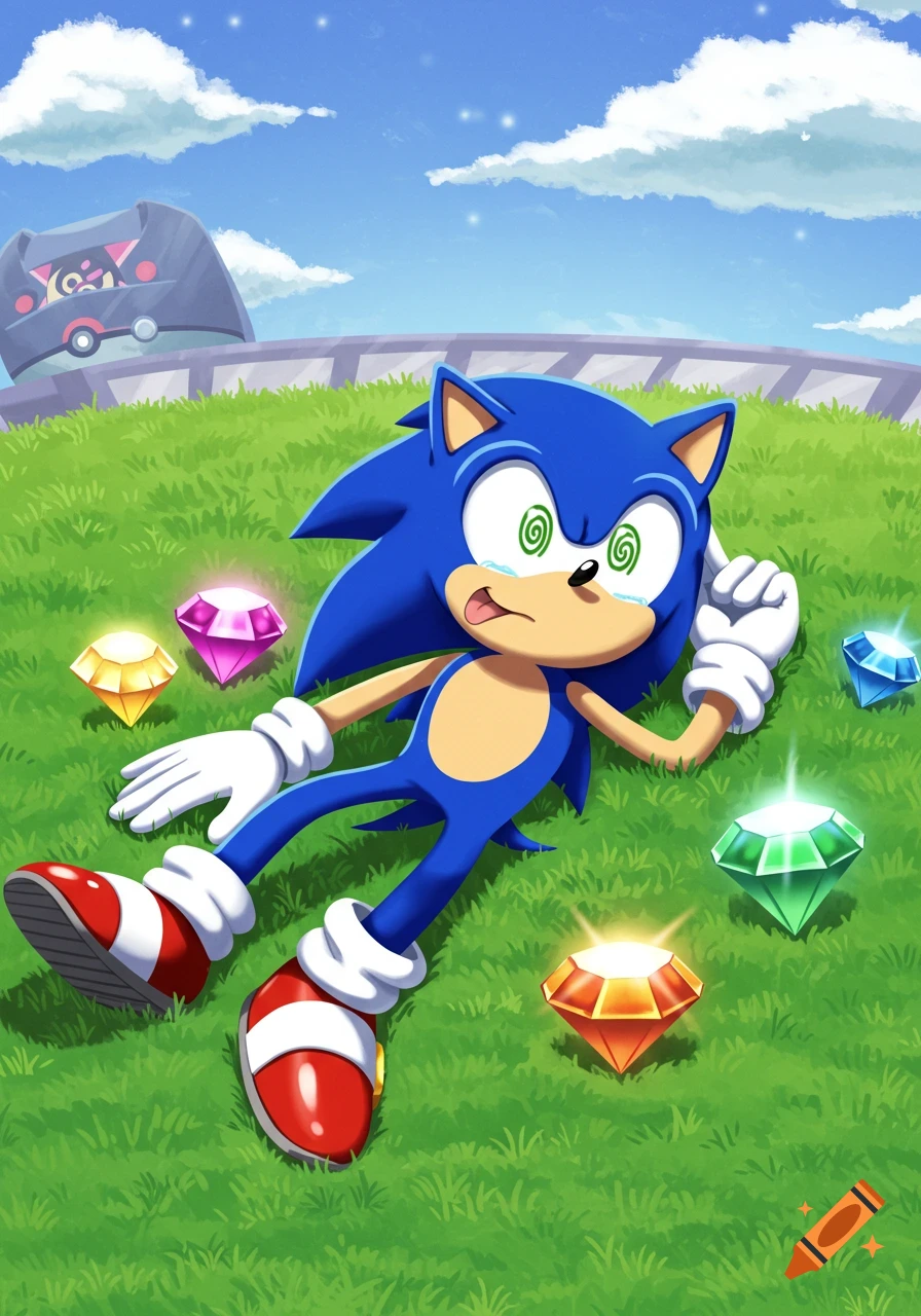 Blue Sonic-like character relaxes barefoot in a grassy field with ...