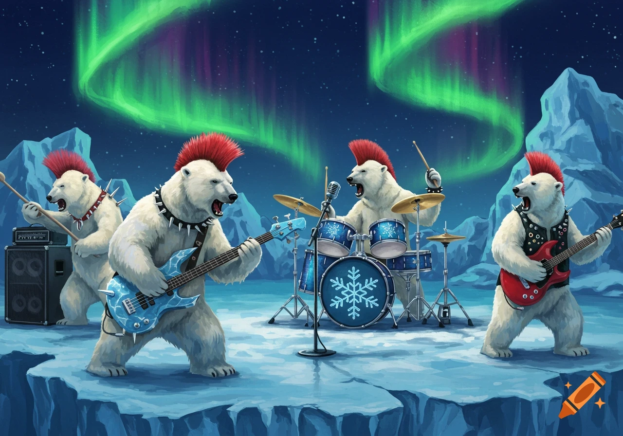 Four punk rock polar bears with red mohawks playing electric guitars ...