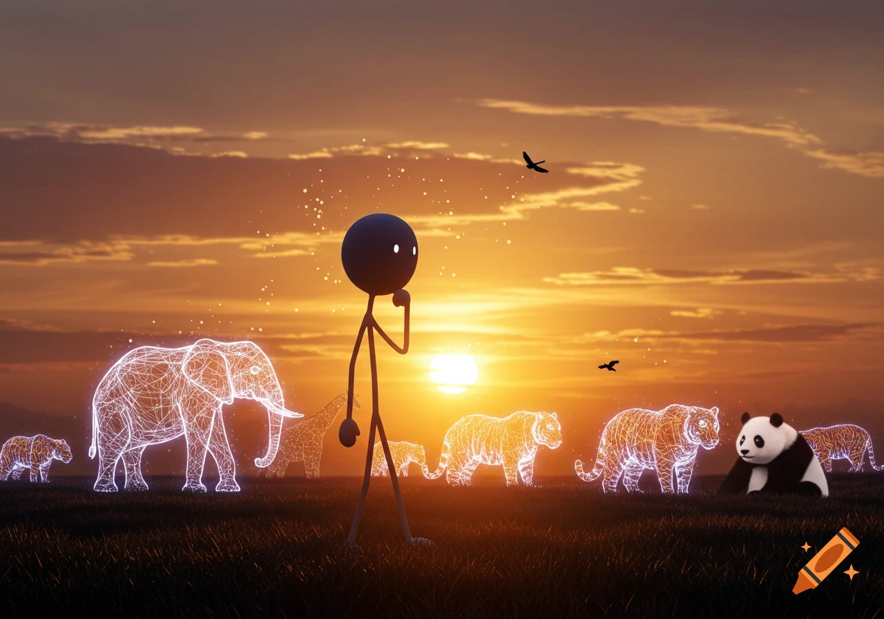 A stick figure stands in a grassy field at sunset, pondering amidst ...