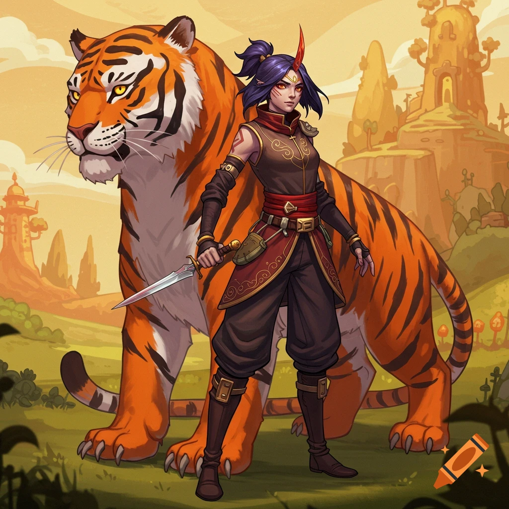 A stylized female fantasy character with a dagger stands beside a large ...