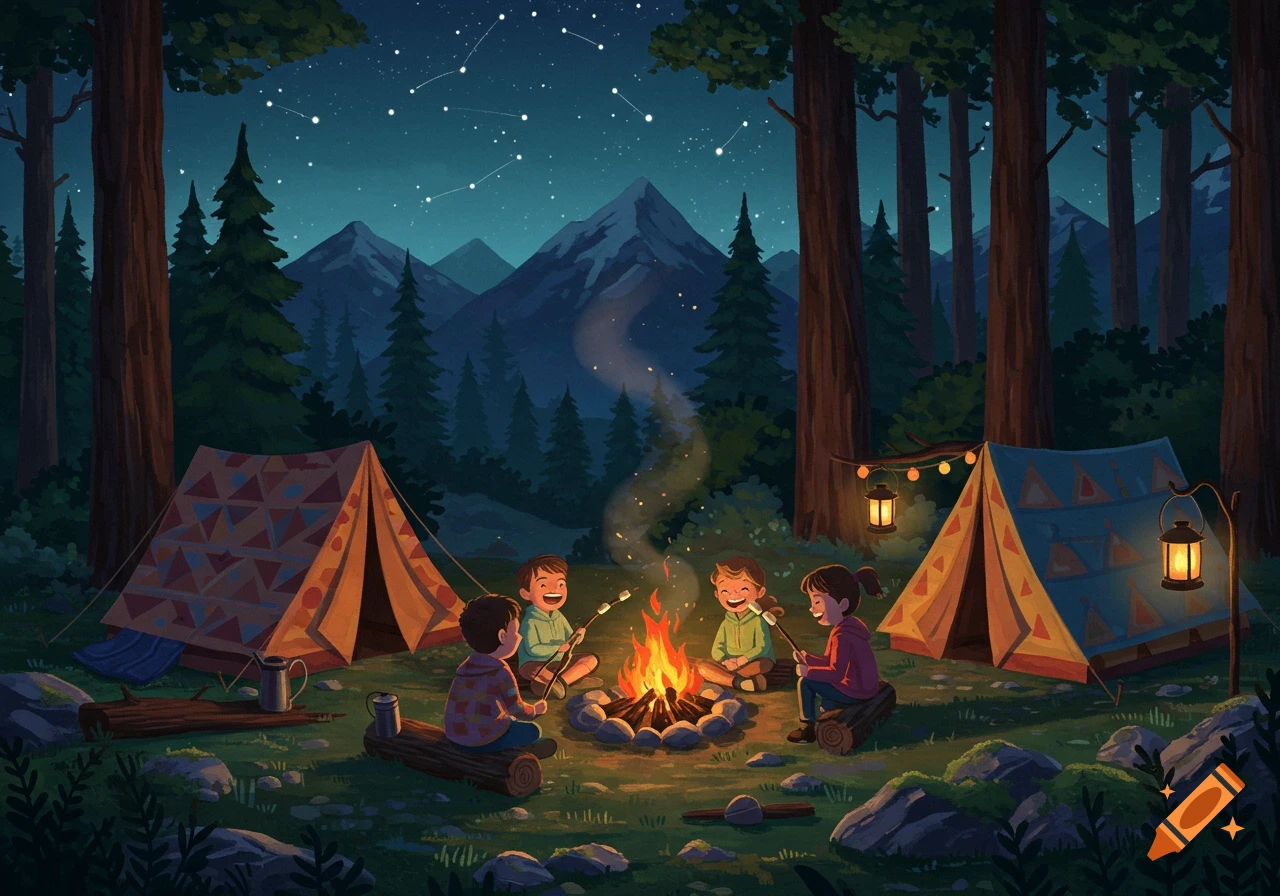 Four happy cartoon children roasting marshmallows around a campfire ...