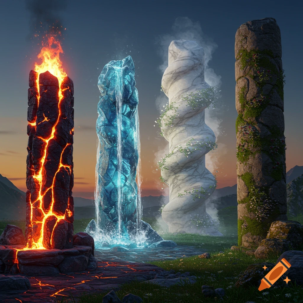 Four magical stone pillars, each embodying a different element: fire ...