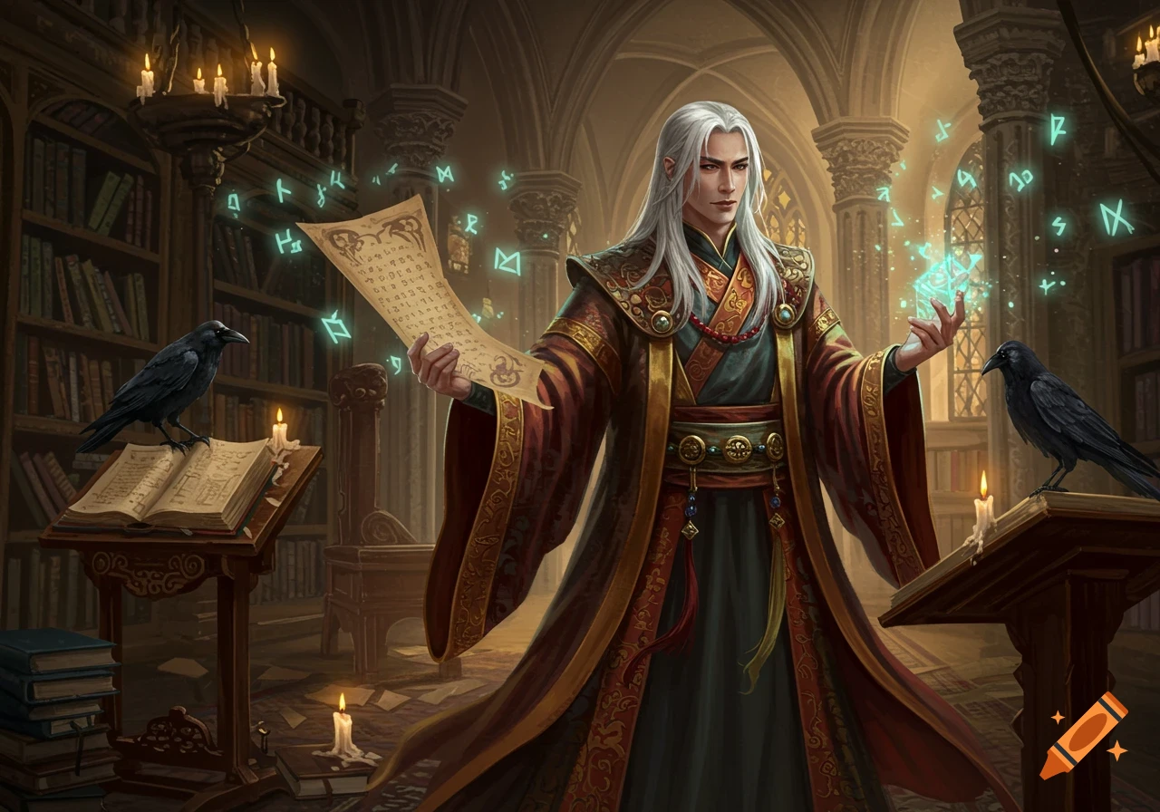 A white-haired wizard in elaborate robes holds a scroll and casts ...