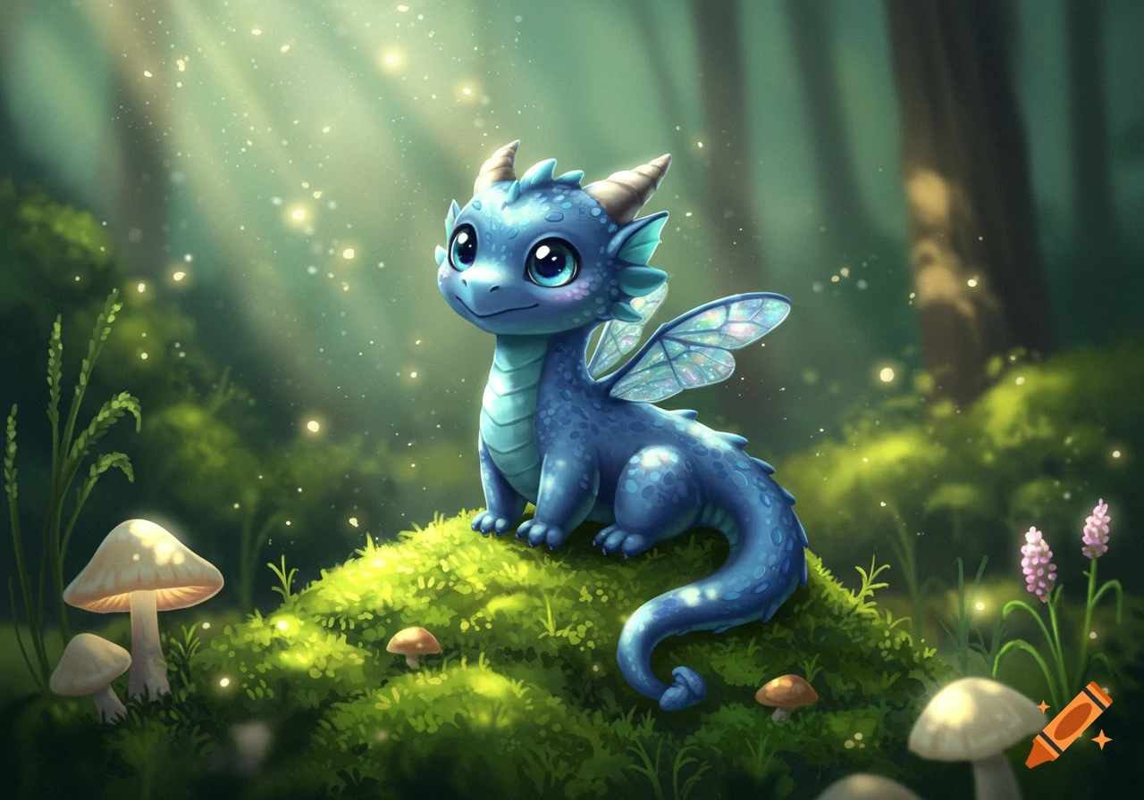 A cute blue and green baby dragon with big green eyes sits on a mossy ...