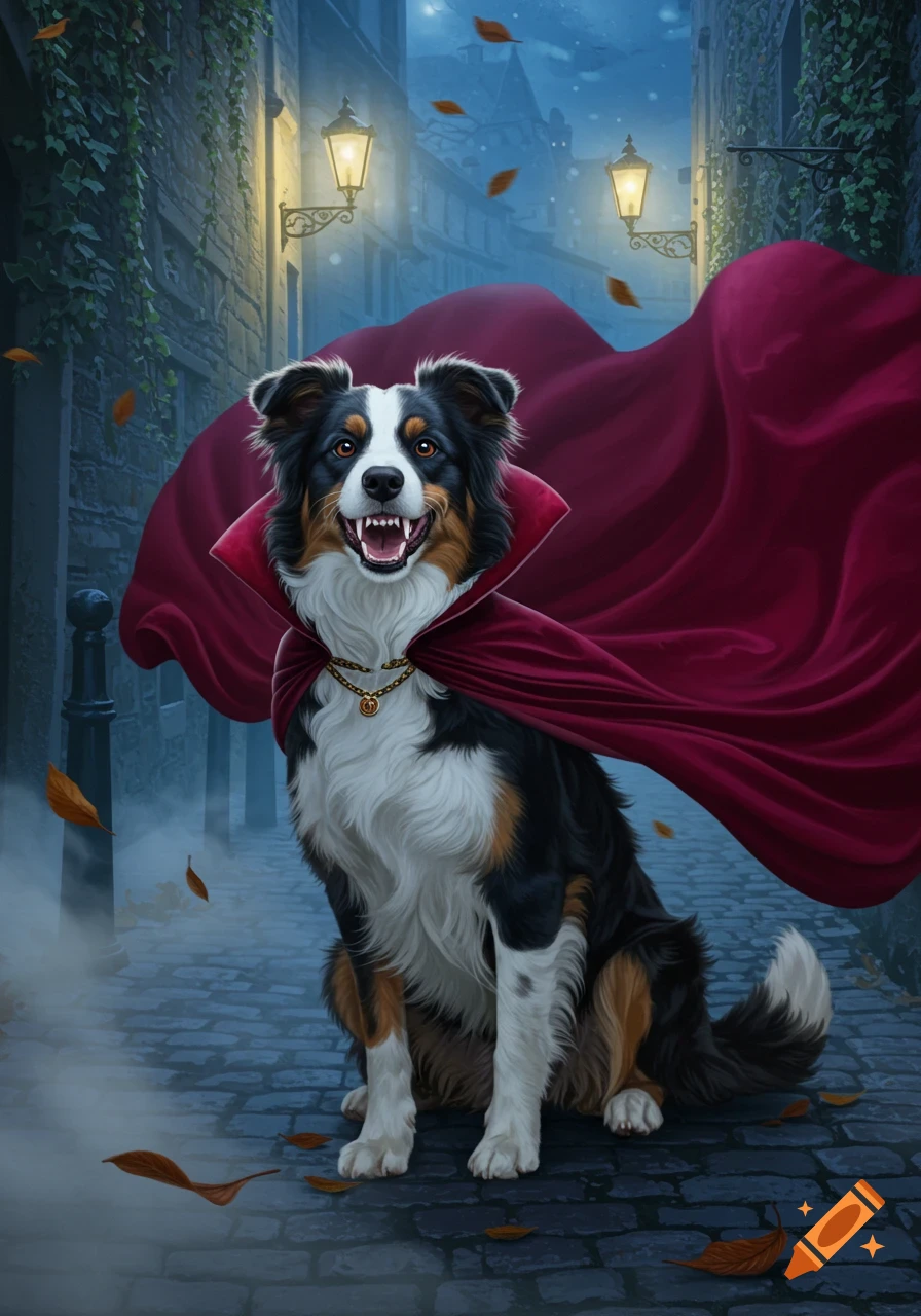 An illustration of a tricolor Border Collie dog in a red vampire cape ...
