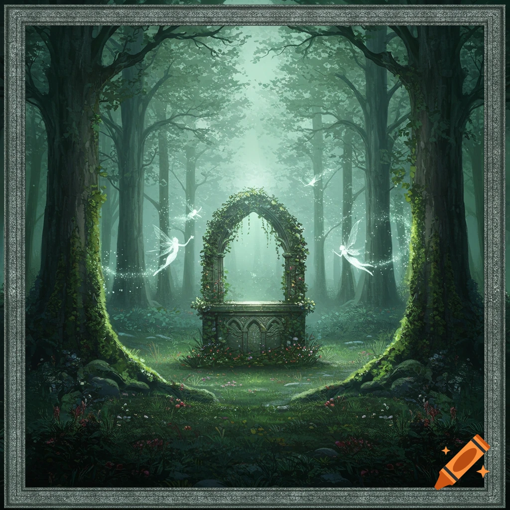 A magical forest clearing with a moss-covered stone archway and glowing ...