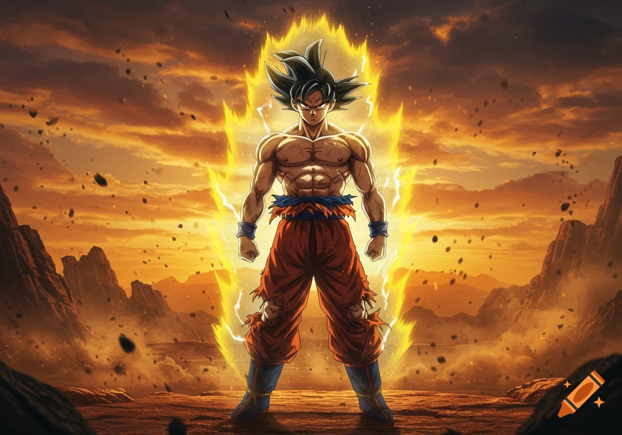 Goku, a muscular man with spiky black hair, glows with a golden aura ...