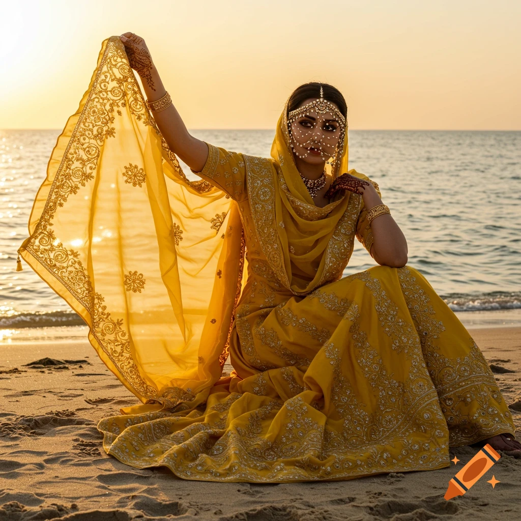 Photorealistic portrait of a woman in an embroidered yellow dress and a ...