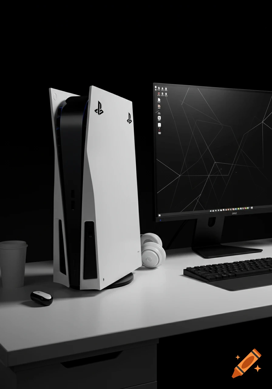 A clean, modern gaming setup with a white PS5 console, monitor ...