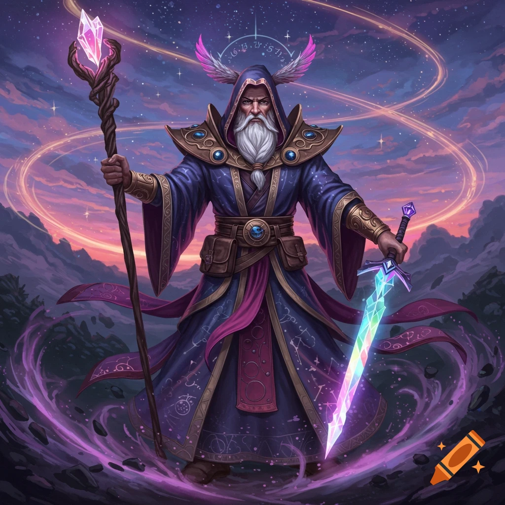 A powerful wizard in arcane robes holds a crystal staff and prismatic ...
