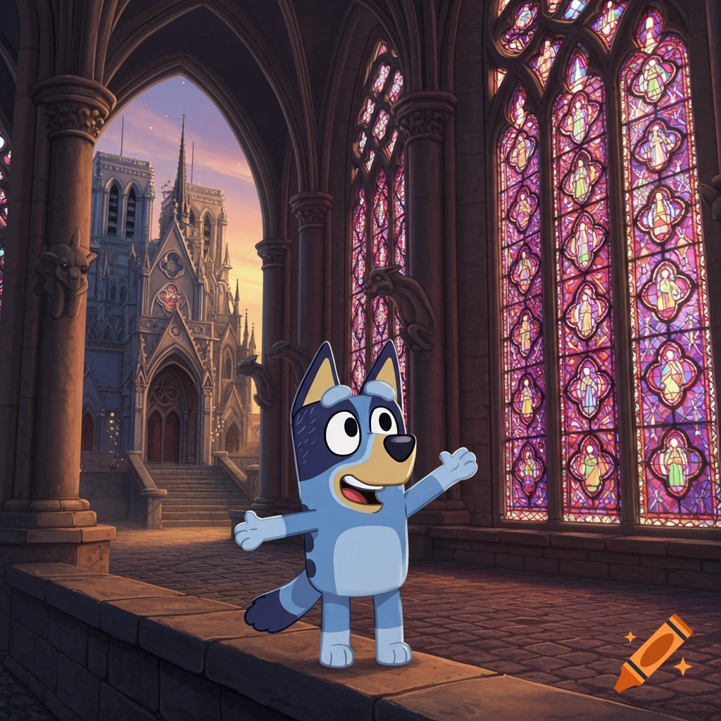 2D animated Bluey Heeler tap dancing on a stage in a red bird costume ...