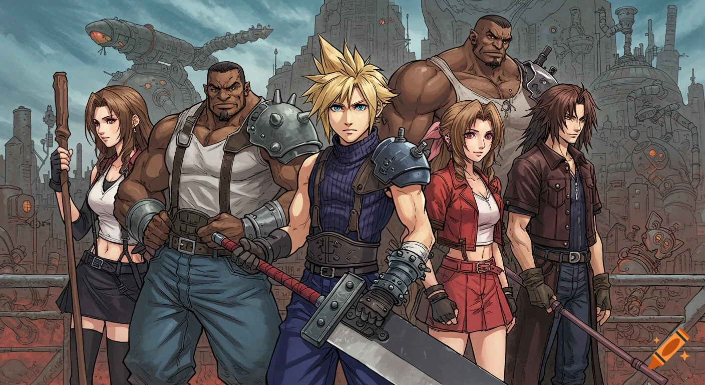 Group shot of six Final Fantasy VII characters, including Cloud Strife ...