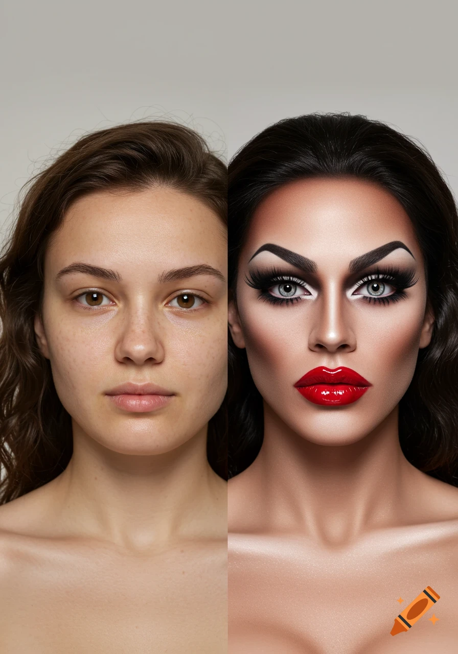 A split image of a woman's face, left side natural with no makeup ...