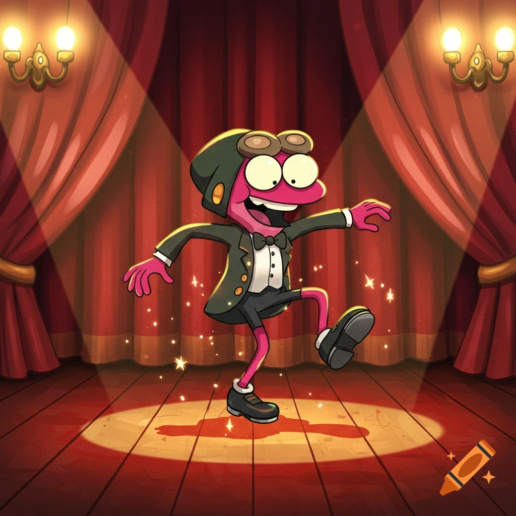 2D cartoon of Bluey Heeler tap dancing on a stage in a red bird costume ...