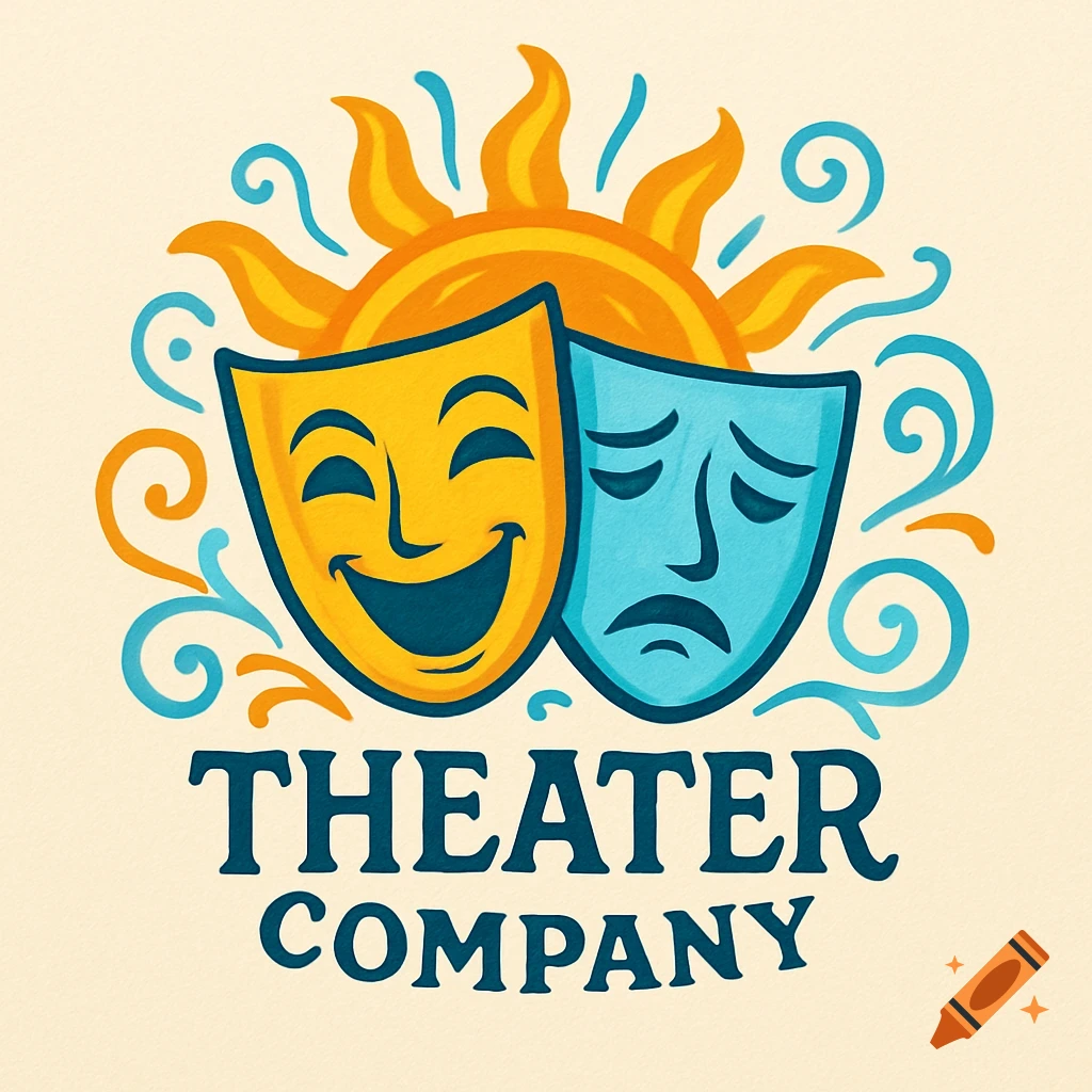 A vibrant logo for a theater company featuring a yellow happy mask and ...