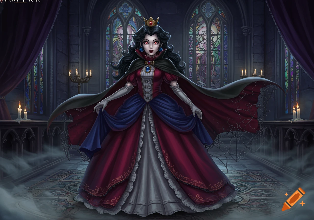 A stunning vampire queen with red eyes and fangs stands in a dark ...